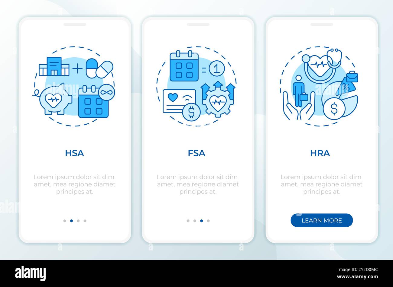 Types of health accounts blue onboarding mobile app screen Stock Vector ...