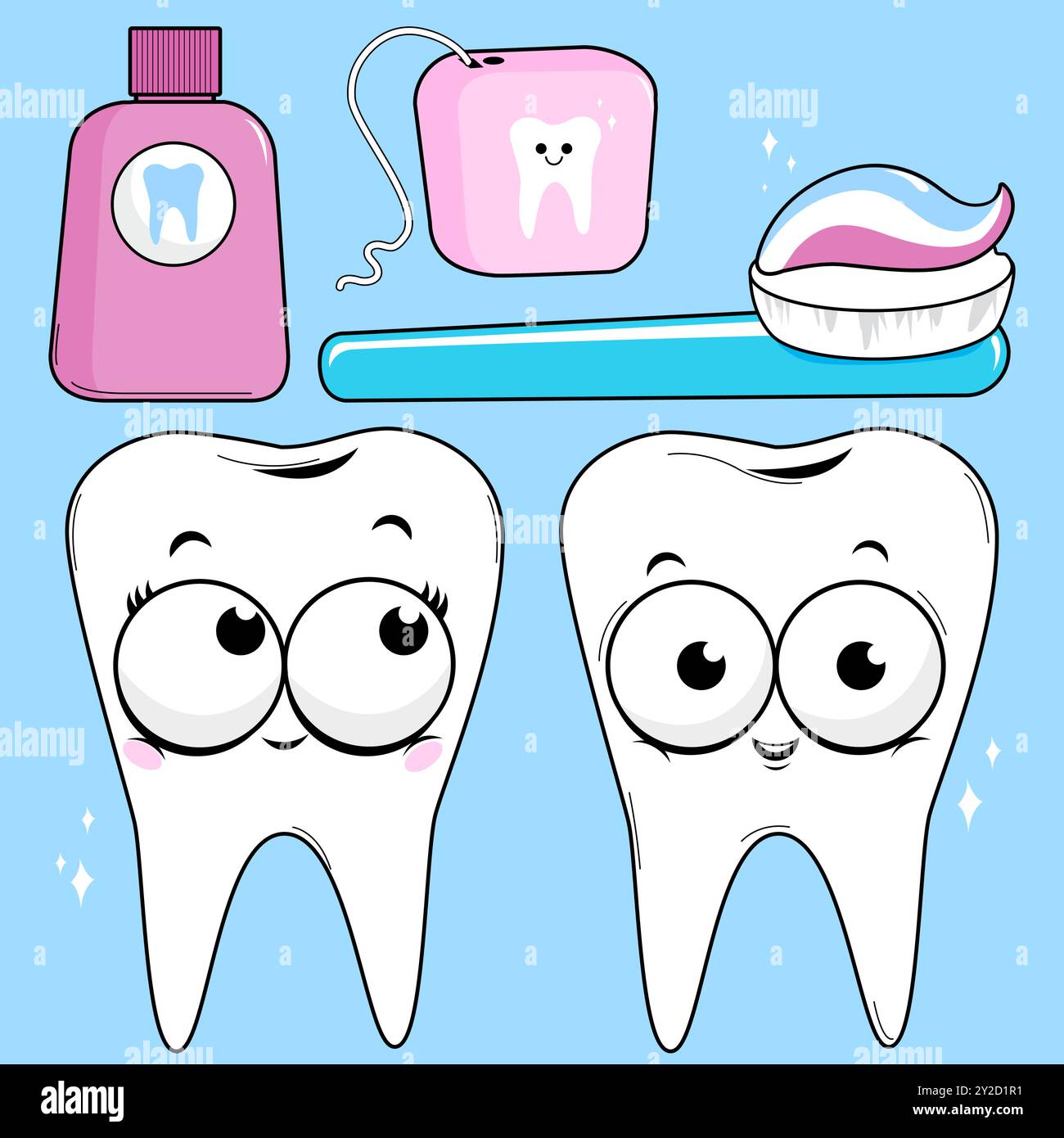 Funny cute cartoon teeth with toothbrush and dental floss. Dental ...
