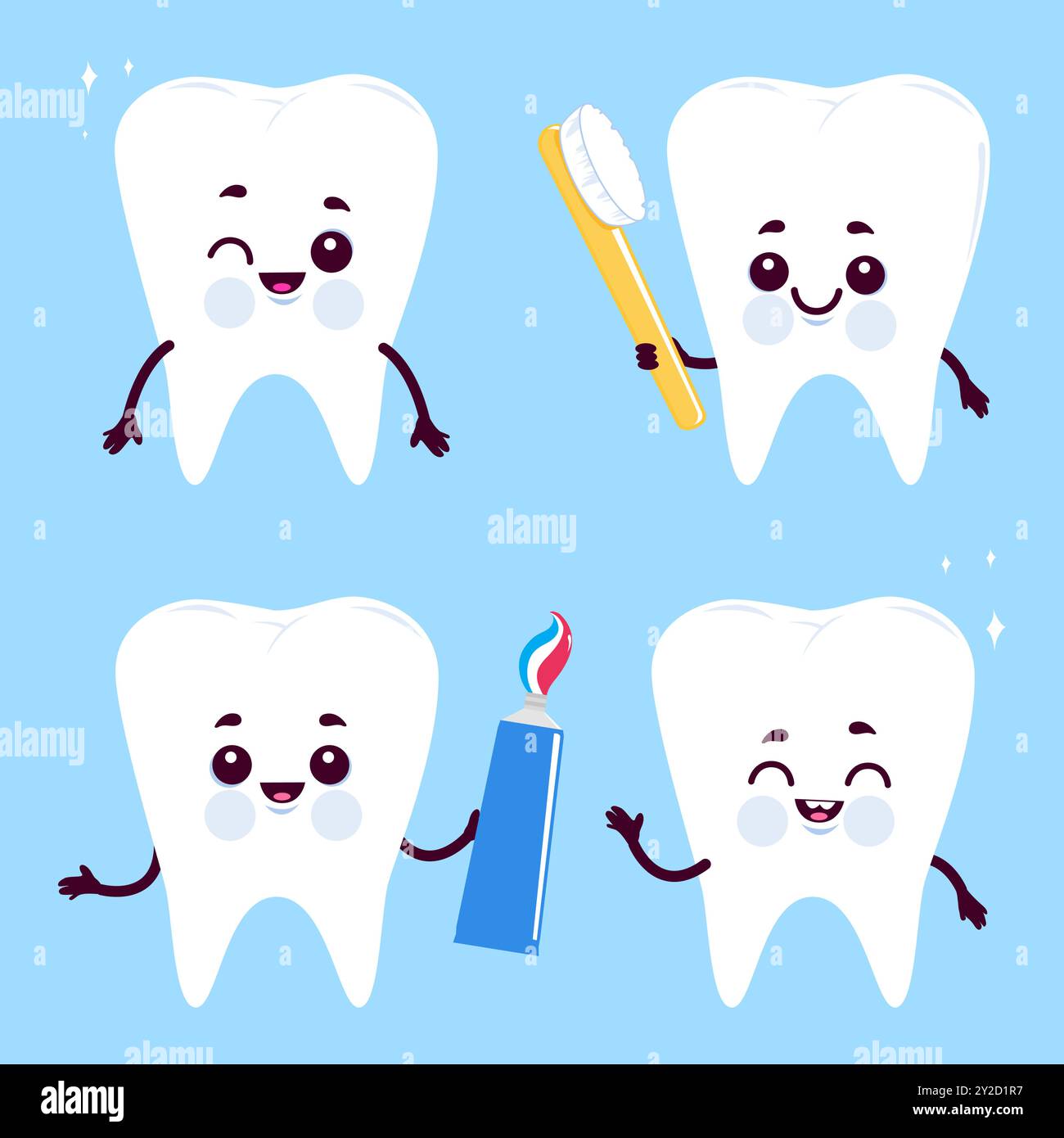 Cute cartoon teeth characters with toothbrush and toothpaste. Dental ...