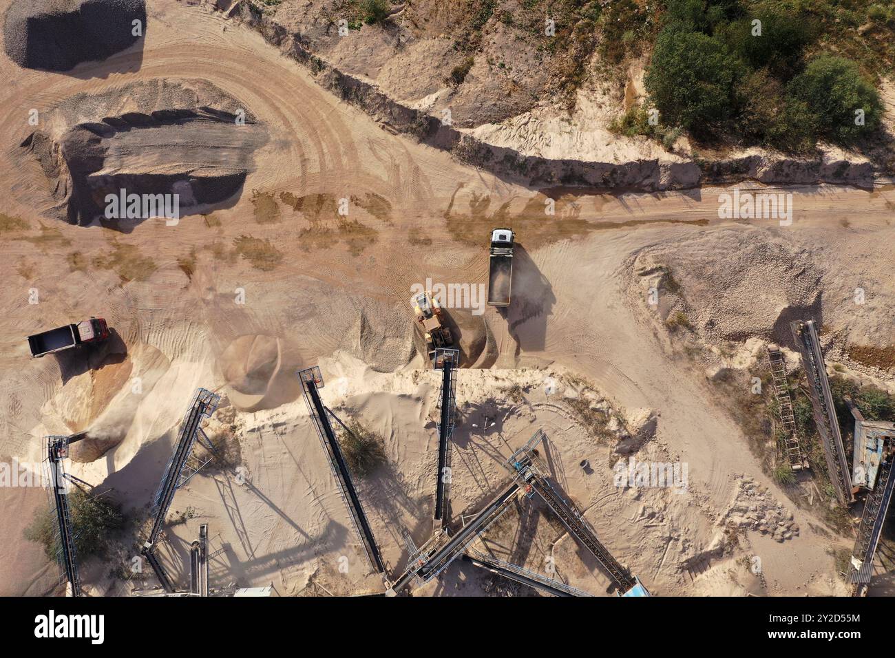 Aerial view of stone jaw crusher plant. Sand making plant and belt ...