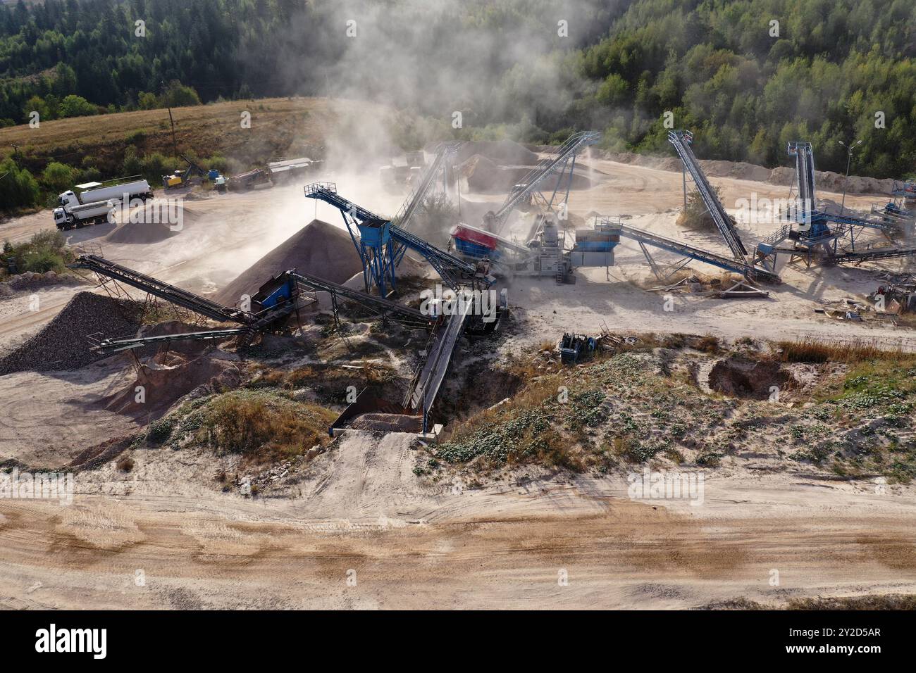 Aerial view of stone jaw crusher plant. Sand making plant and belt ...