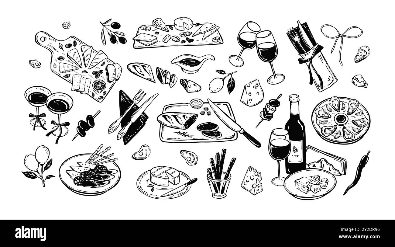 Wine and appetisers crayon minimalist drawings. La dolce vita ...