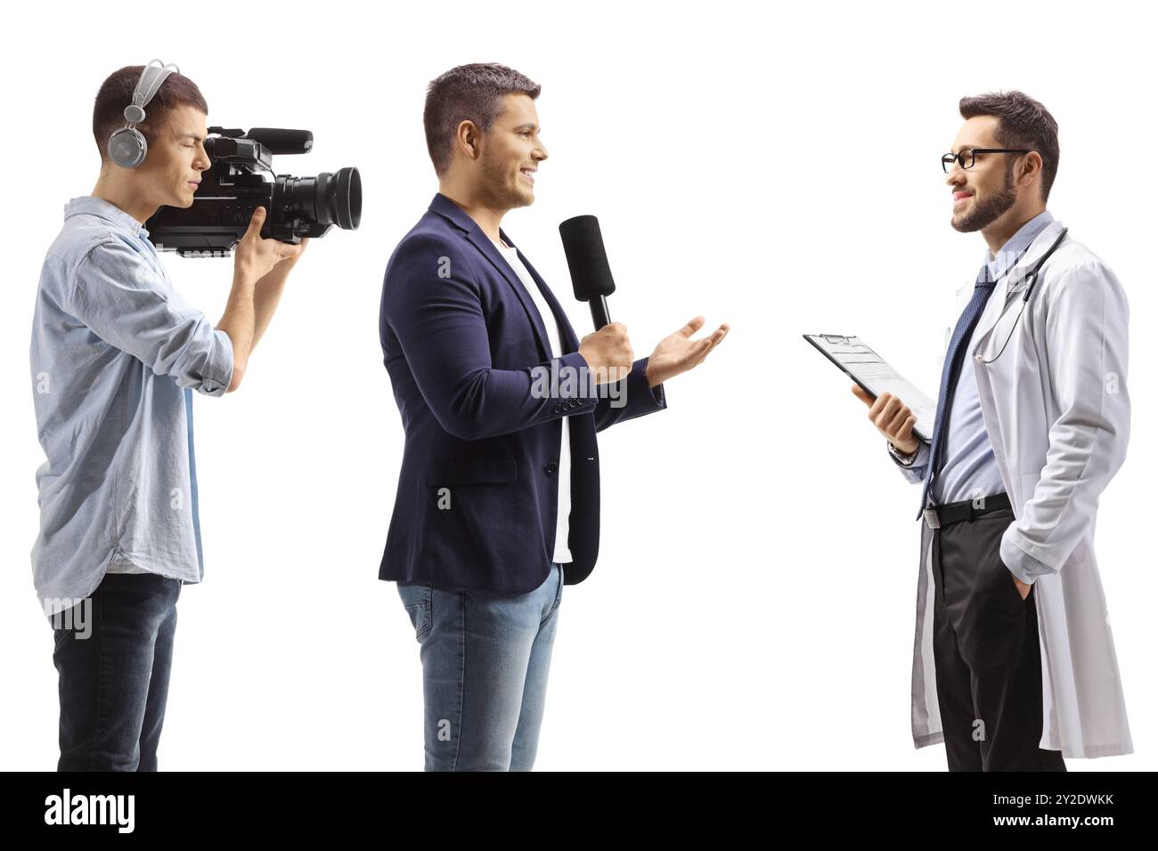 Reporter interviewing a doctor and a cameraman recording isolated on ...