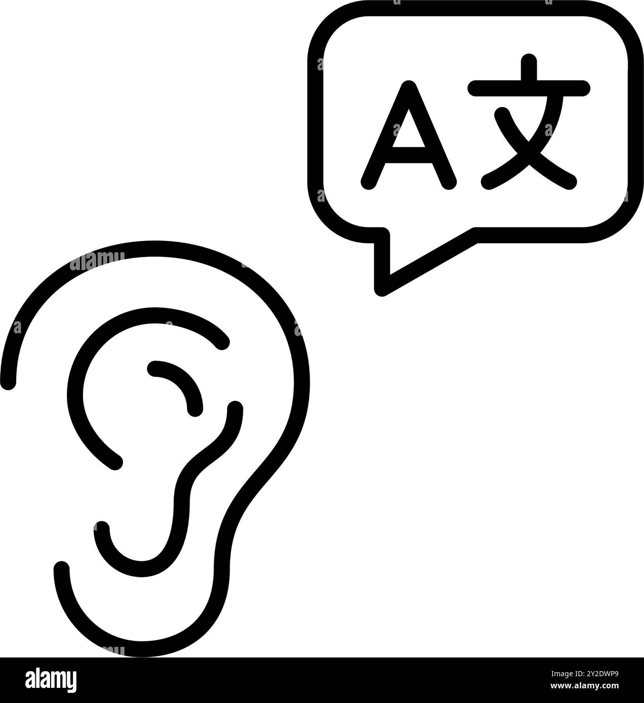 Ear and speech bubble with foreign languages symbols. Language learning aids, translation ...
