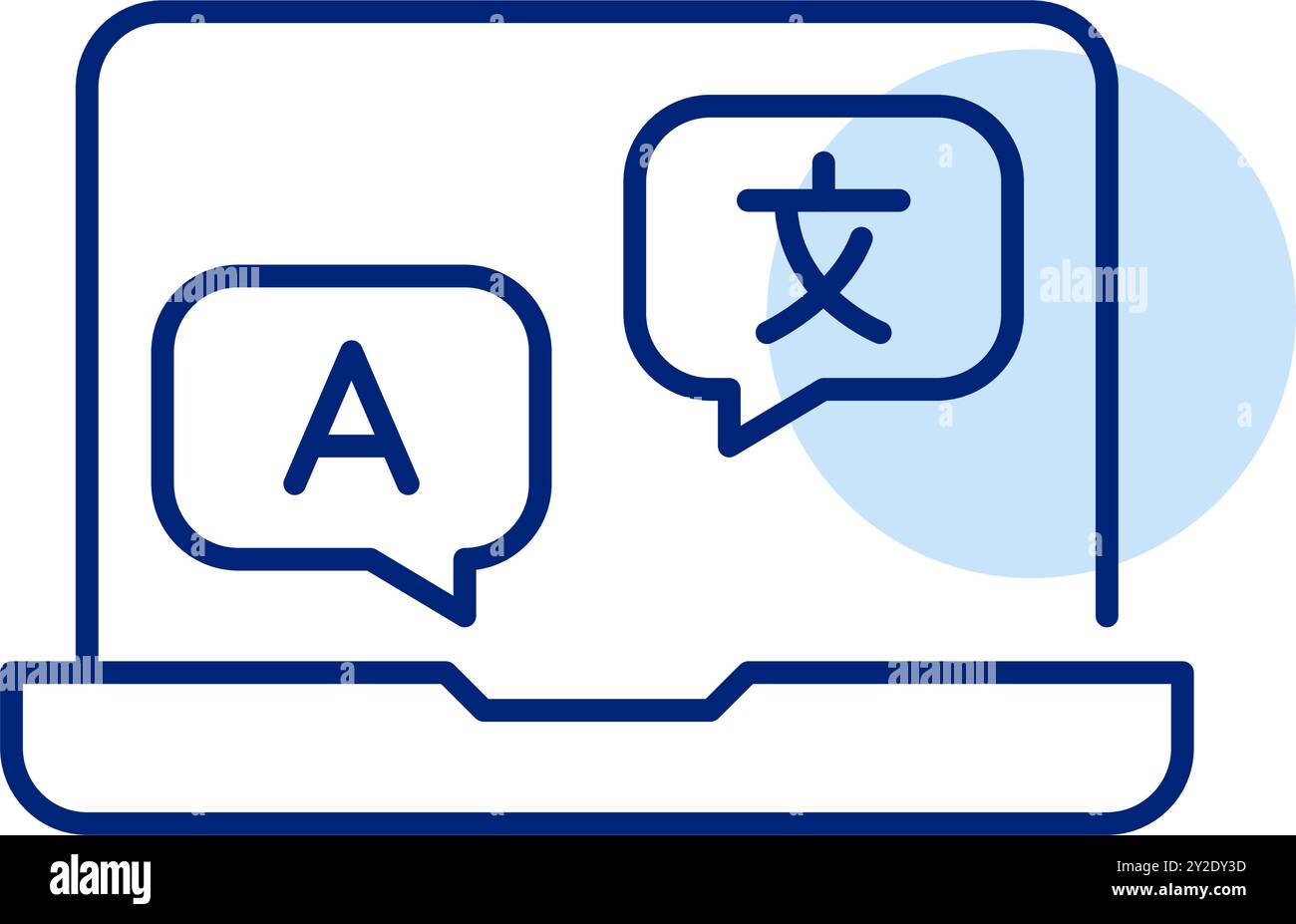 Laptop with languages speech bubbles. Online conference, digital ...