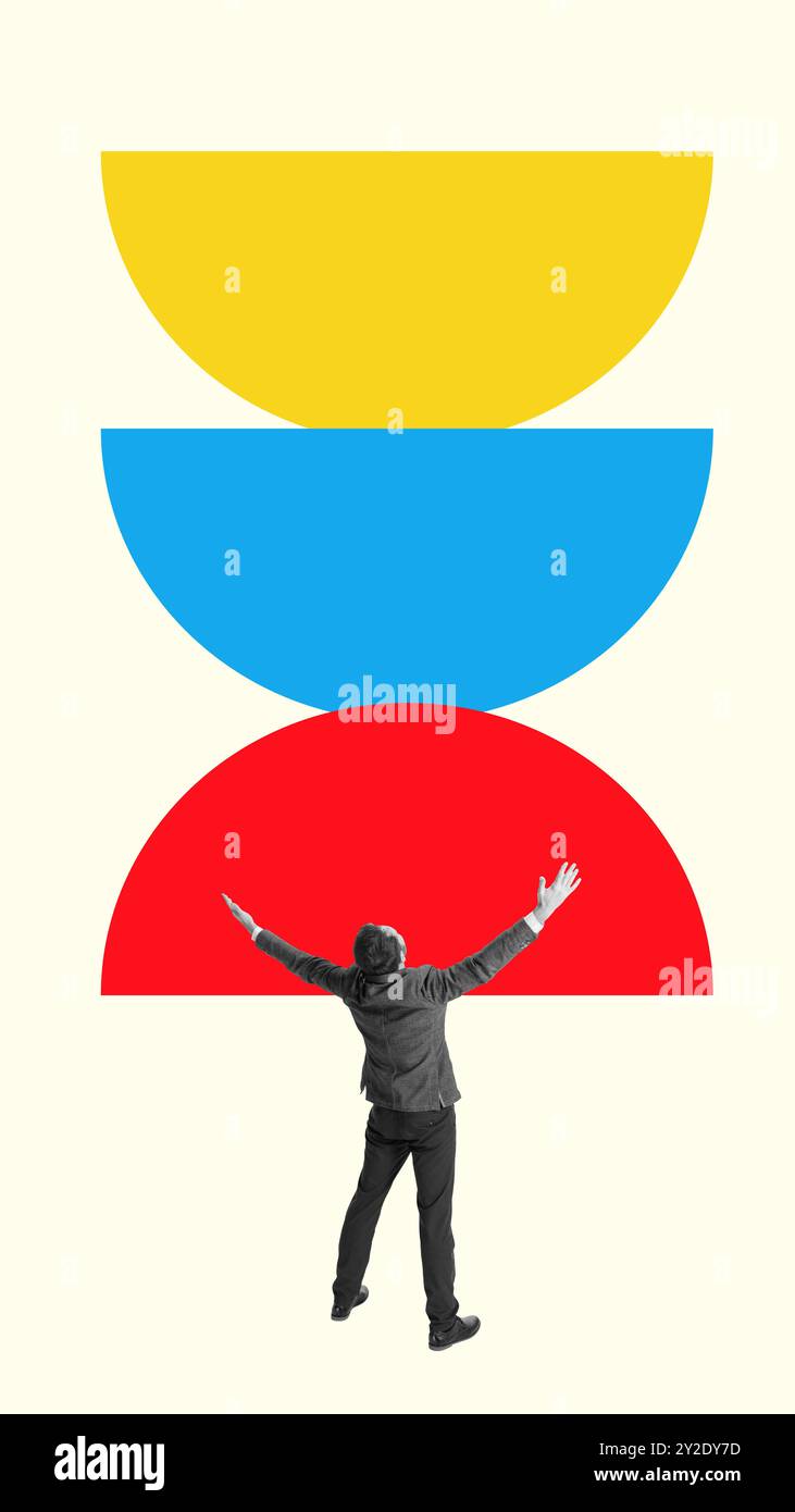 Poster. Contemporary art collage. Man stand raising hands in work-space ...