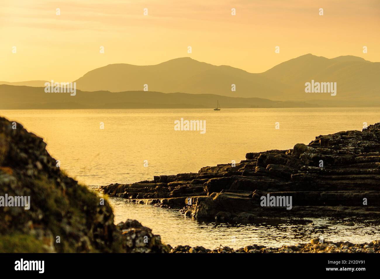Setting sun on Scotland's west coast. The Isle of Mull as seen from the ...