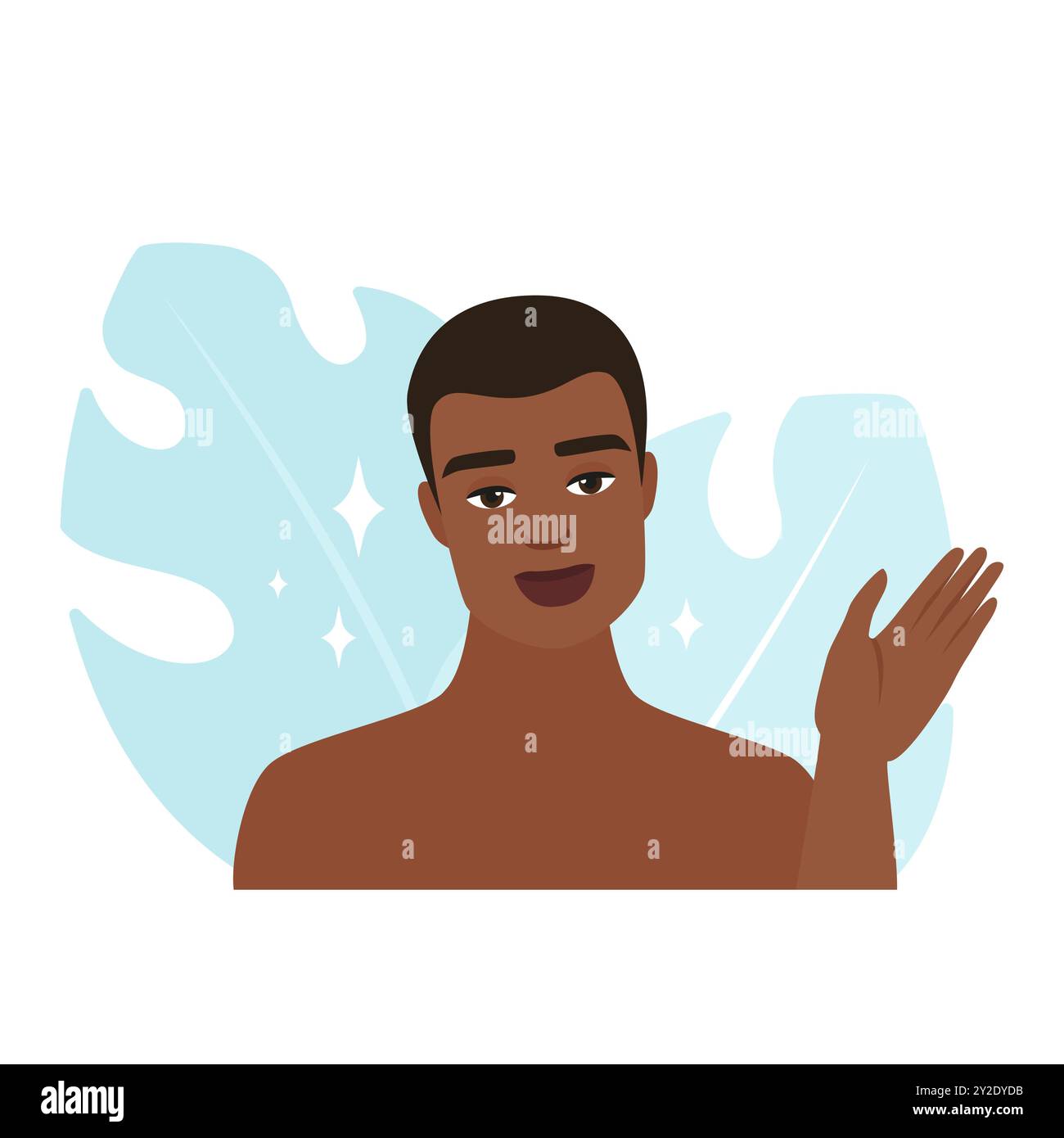 Illustration of a man waving after completing his skincare routine. Healthy skin concept Stock ...