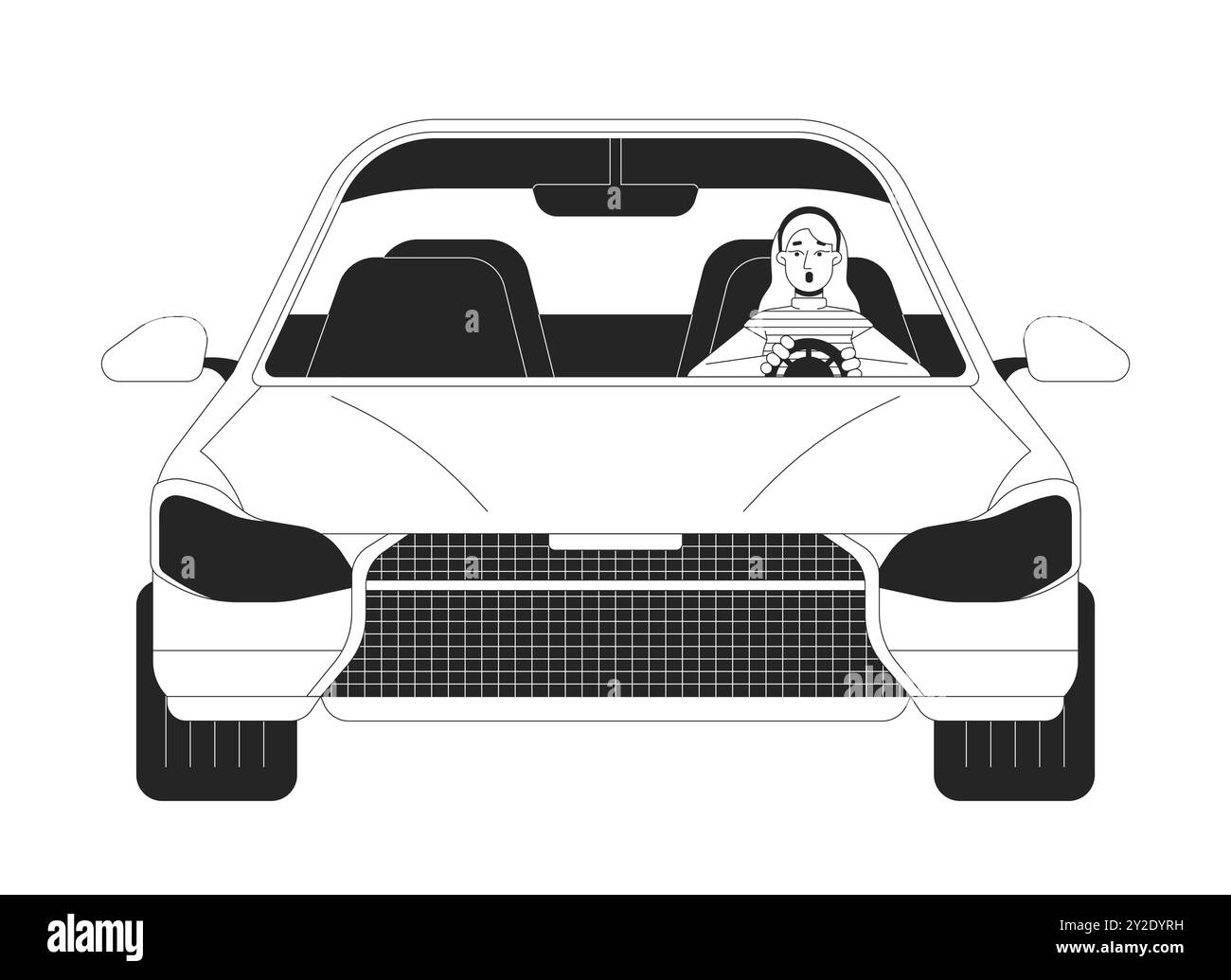 Shocked woman driving car black and white 2D line cartoon character ...
