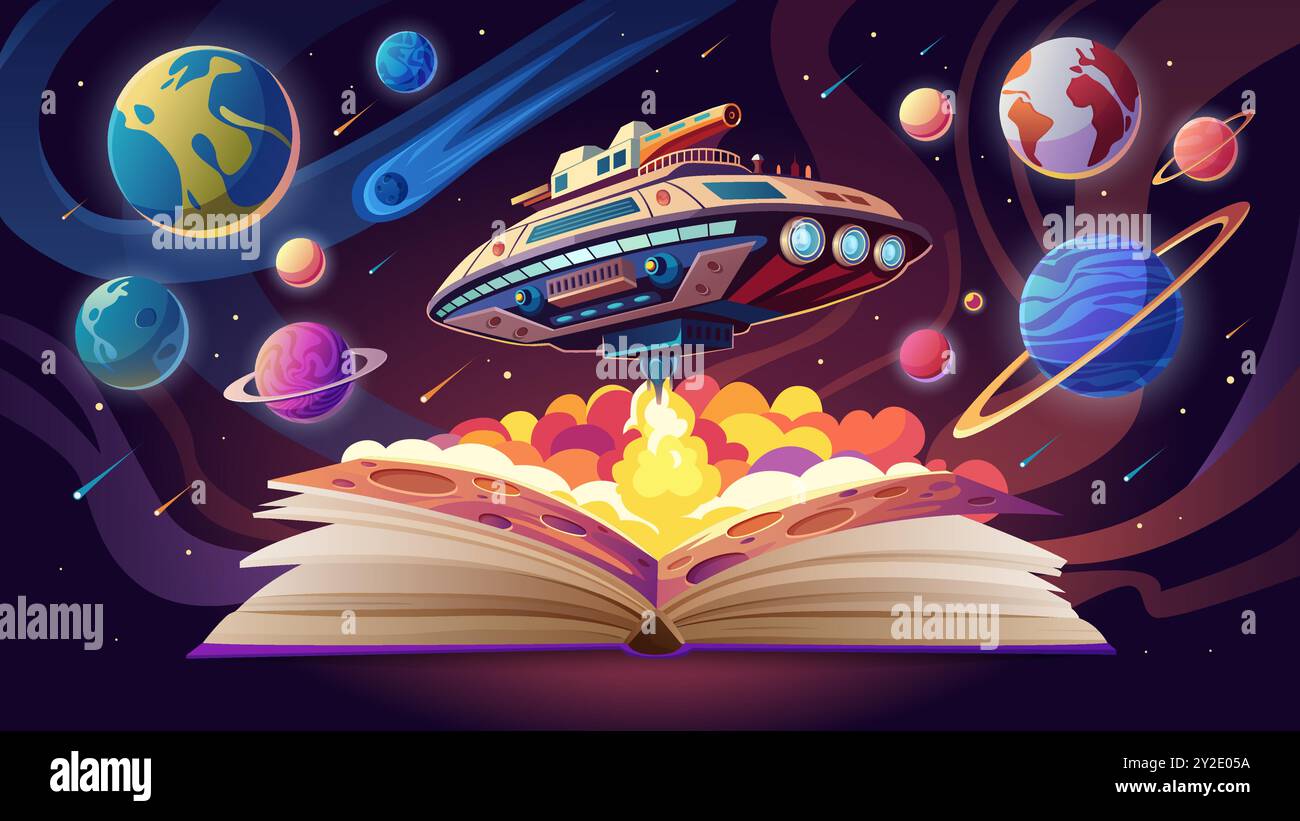 Reading fan fiction literature, imagination about space adventures ...