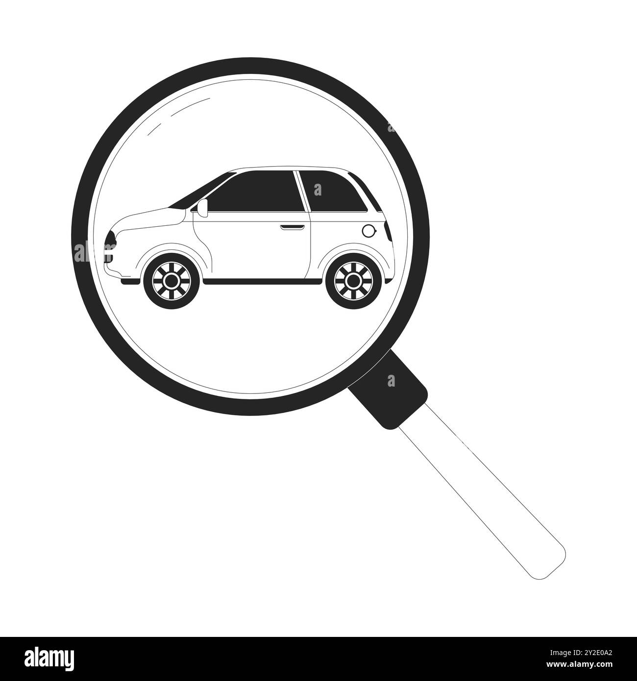 Looking at car through magnifying glass black and white 2D line cartoon ...