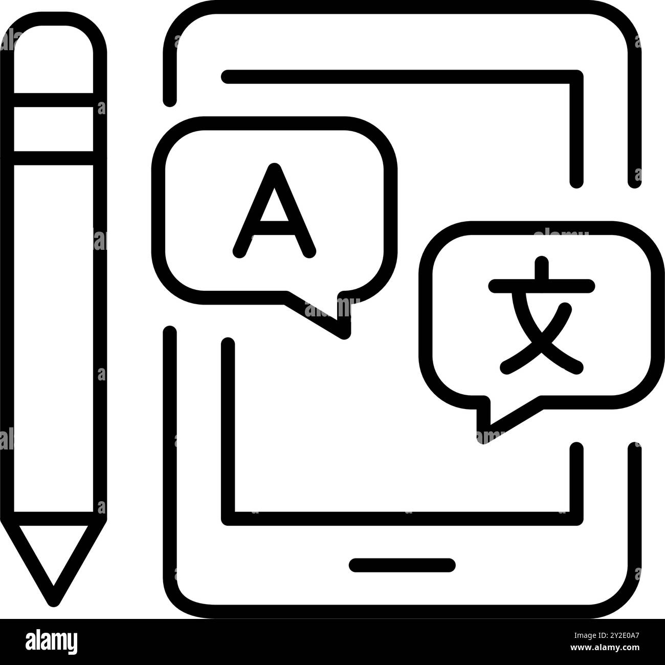 E-tablet, pencil and speech bubbles with Latin letter and Chinese ...