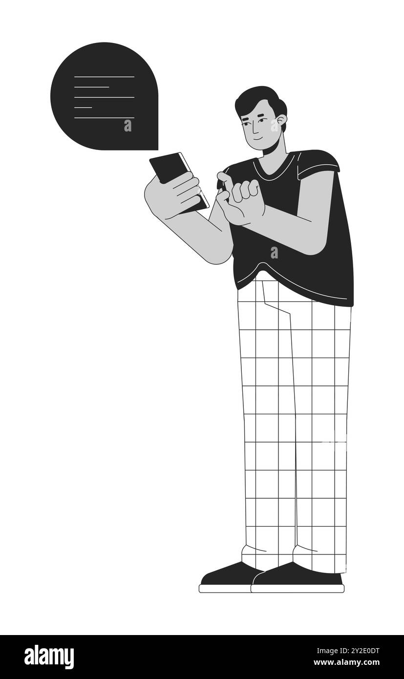 Hindu man with overweight holding smartphone black and white 2D line ...