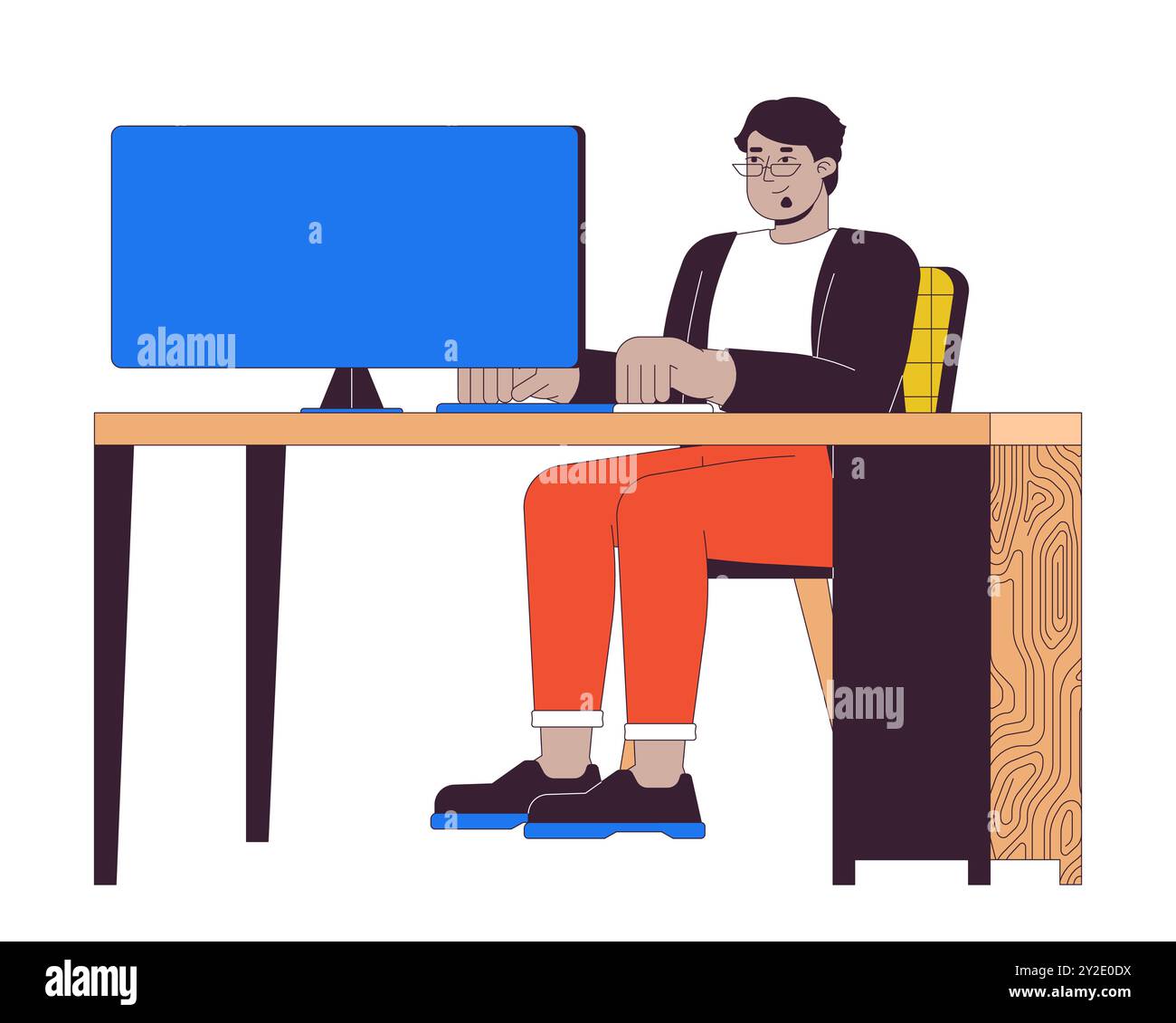 Plus sized arab man at computer 2D linear cartoon character Stock ...