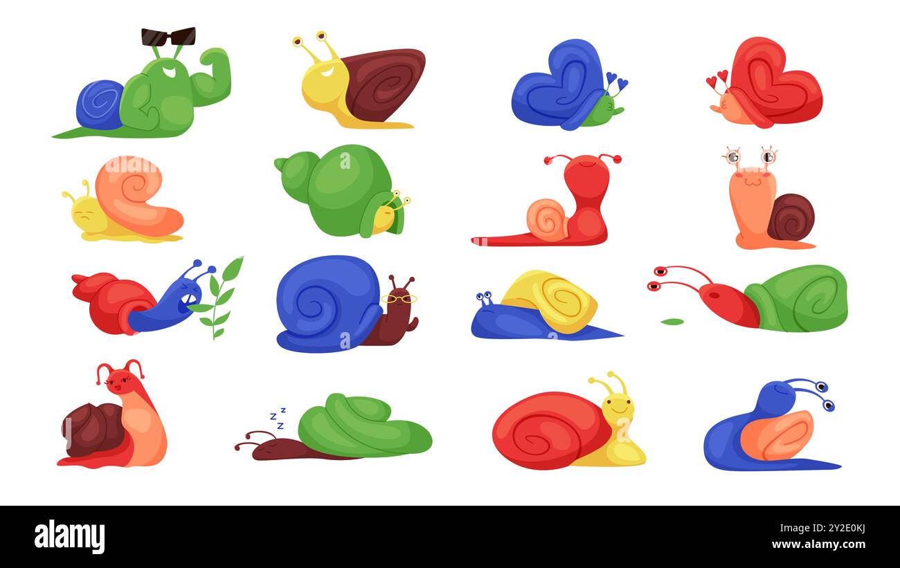 Cute snails set. Rainbow garden slugs crawl and eat leaf, sleep and show strong muscles and eye ...