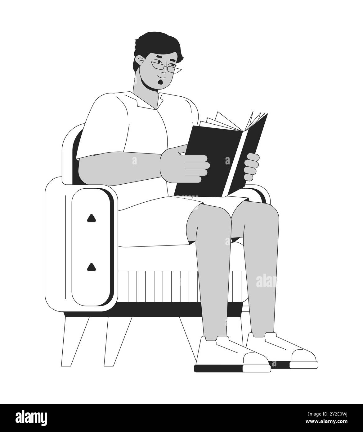 Obese middle eastern man reading black and white 2D line cartoon ...