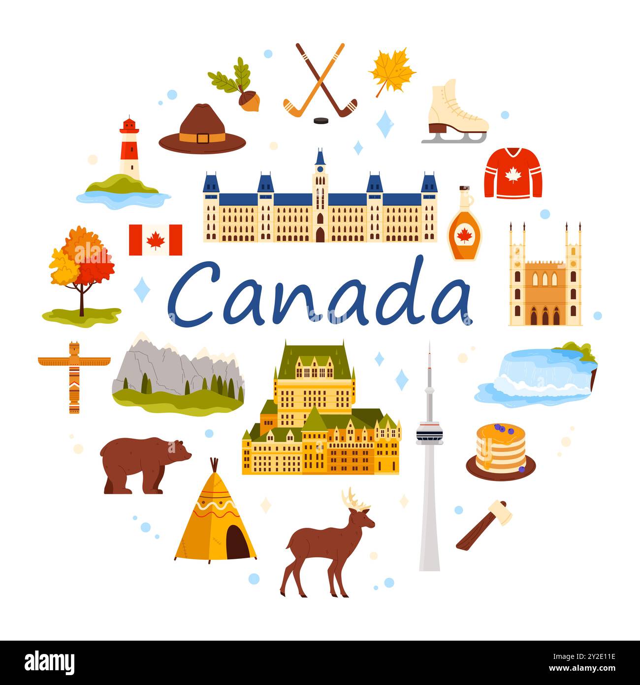 Travel to Canada round banner design. Canada text and culture stickers ...