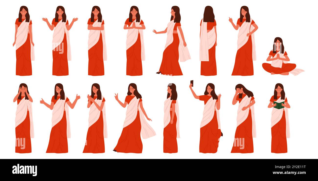 Indian woman with different poses and gestures set. Female character in ...