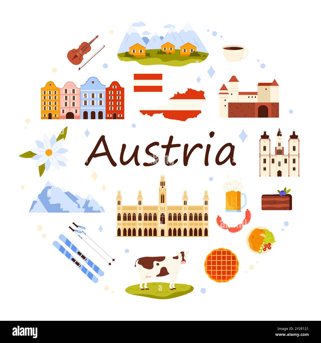 Culture elements and nature landscape, food of Austria, round ...
