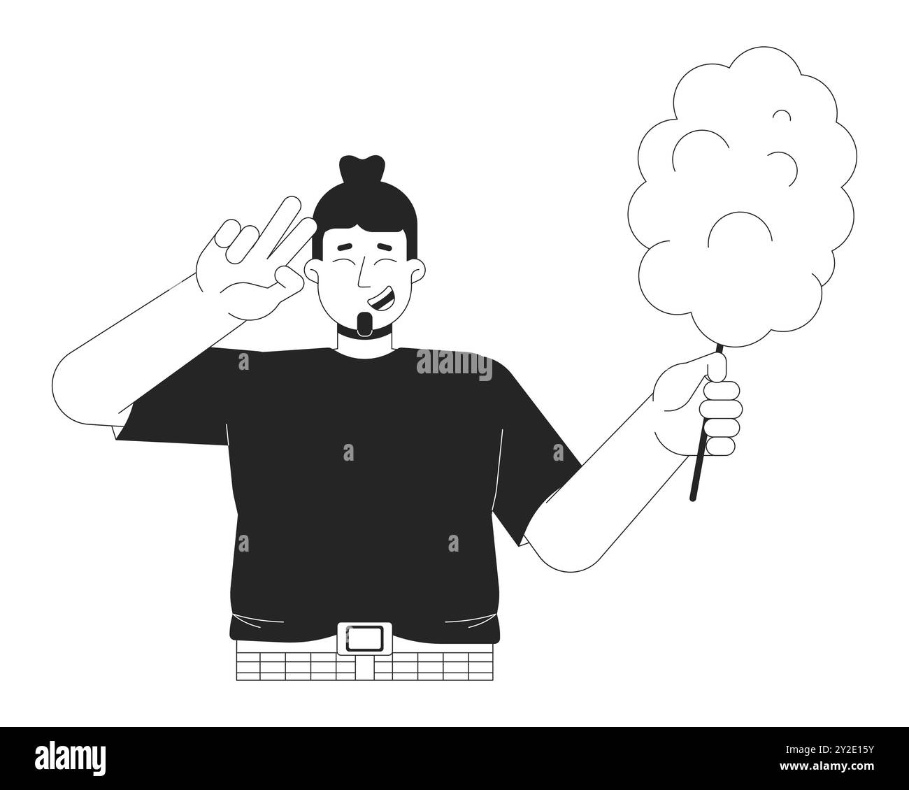 Joyful plus sized man with cotton candy black and white 2D line cartoon ...