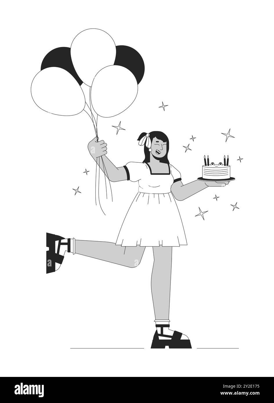 Happy curvy hindu woman at birthday party black and white 2D line ...