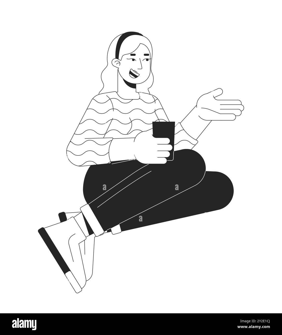 Plus sized woman with drink talking black and white 2D line cartoon character Stock Vector Image ...