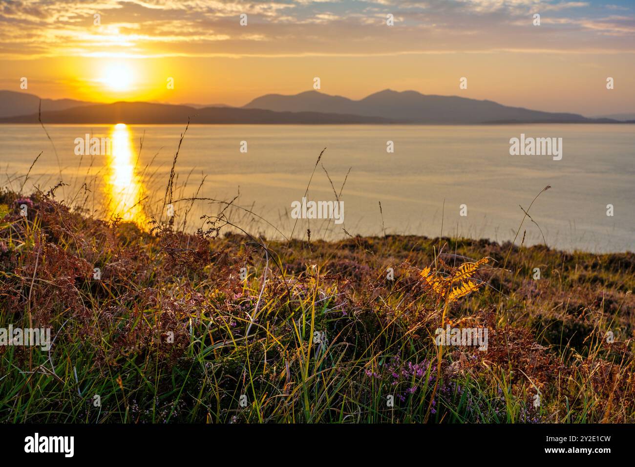 Setting sun on Scotland's west coast. The Isle of Mull as seen from the ...