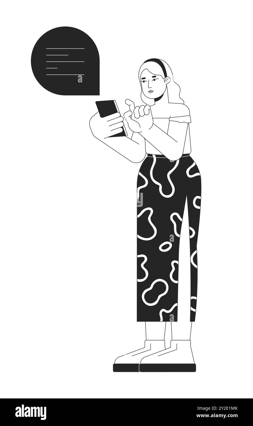 Plus sized caucasian woman using mobile phone black and white 2D line ...