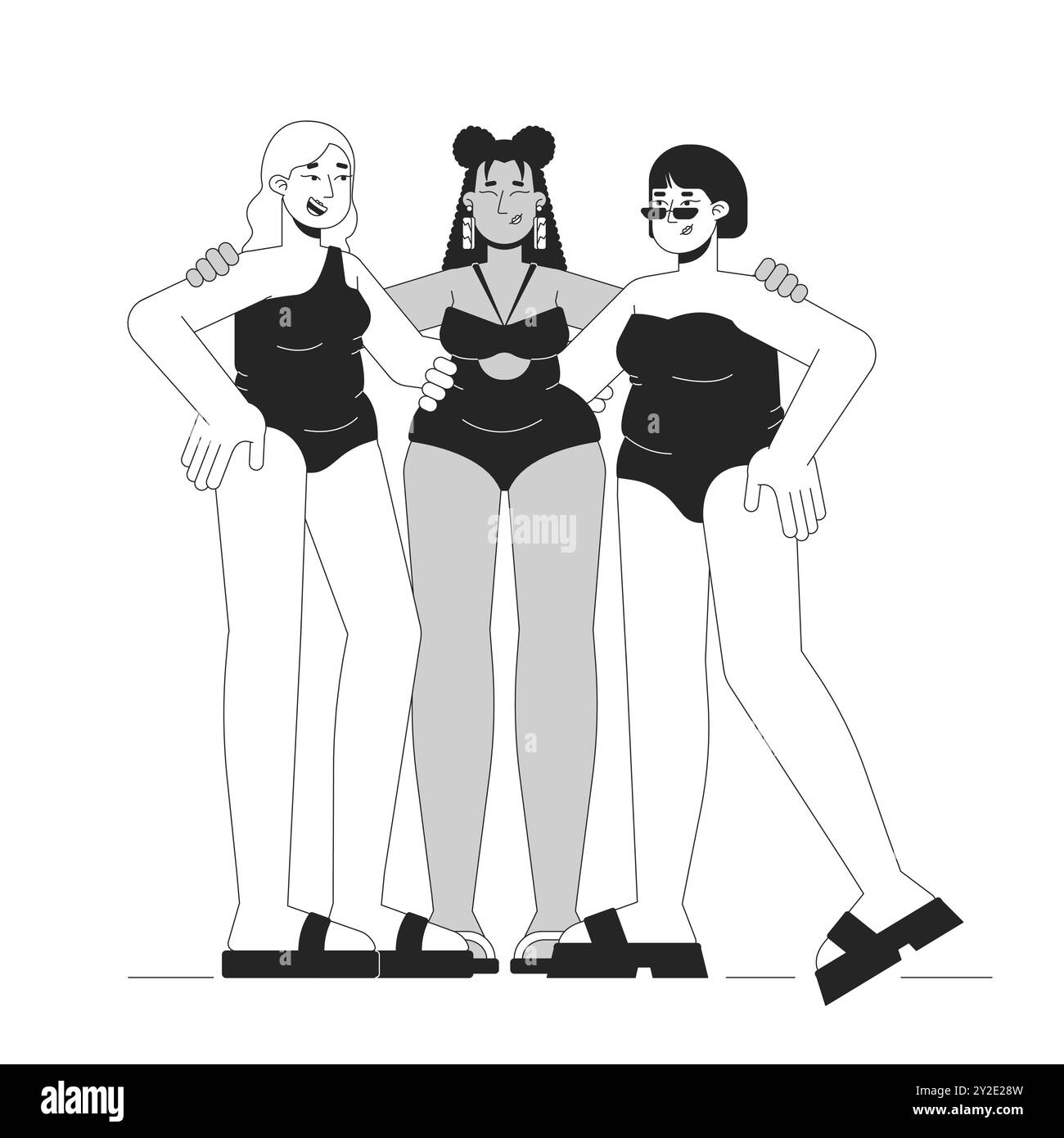 Multiracial curvy women best friends black and white 2D line cartoon characters Stock Vector ...