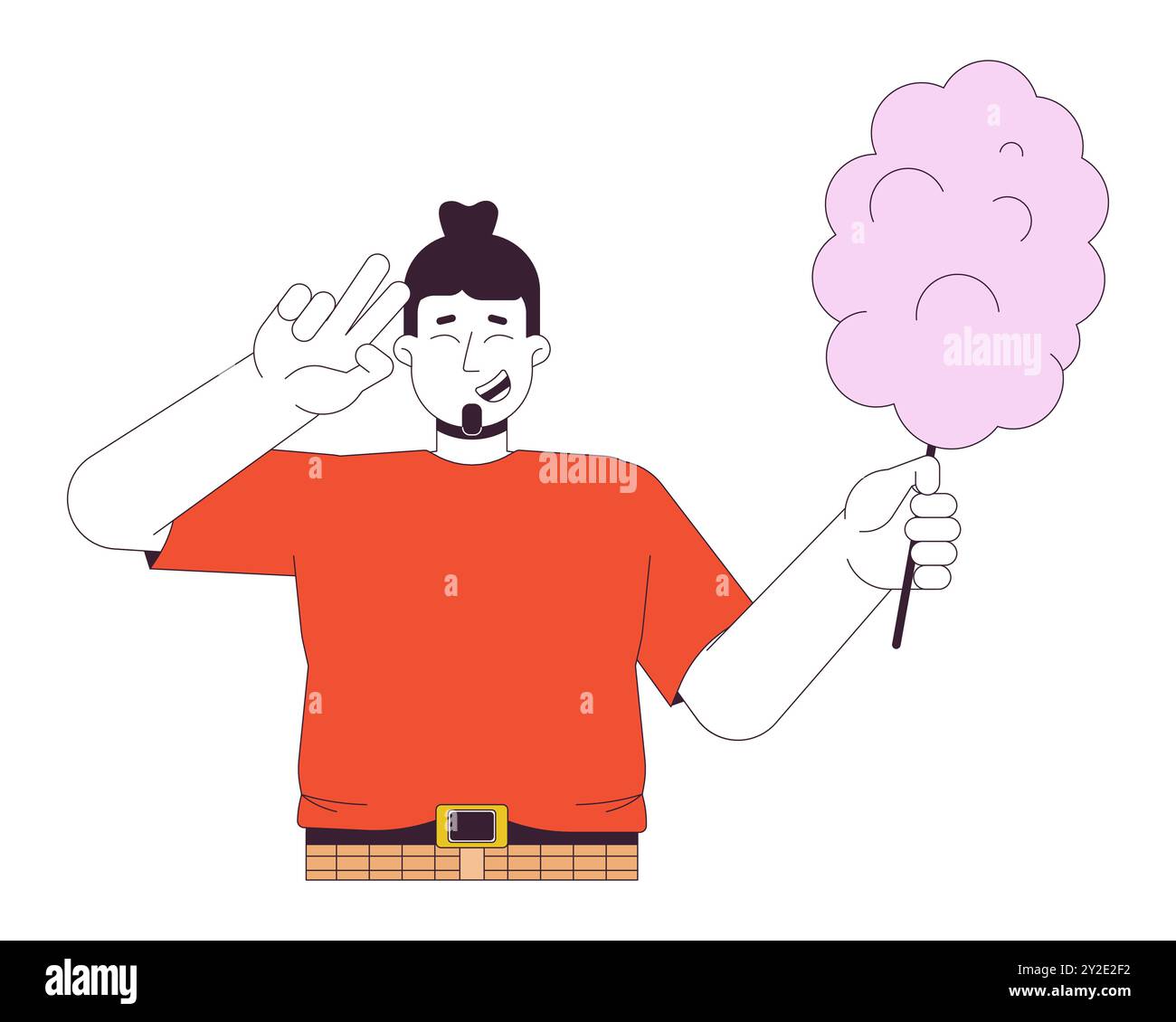 Joyful plus sized man with cotton candy 2D linear cartoon character ...