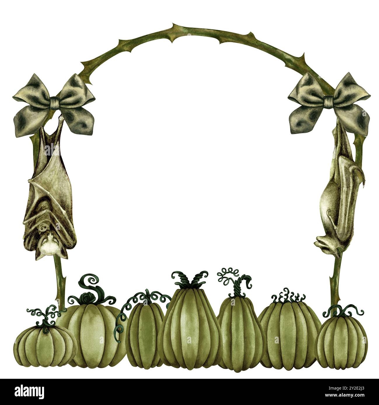 Monochrome green Halloween frame with pumpkins, thorny branches ...
