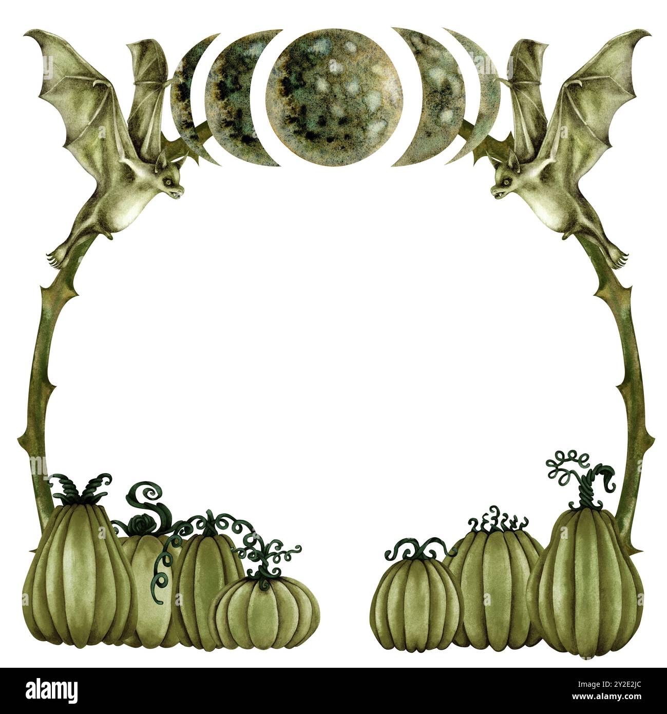 Monochrome green Halloween frame with pumpkins, thorny branches, moon ...