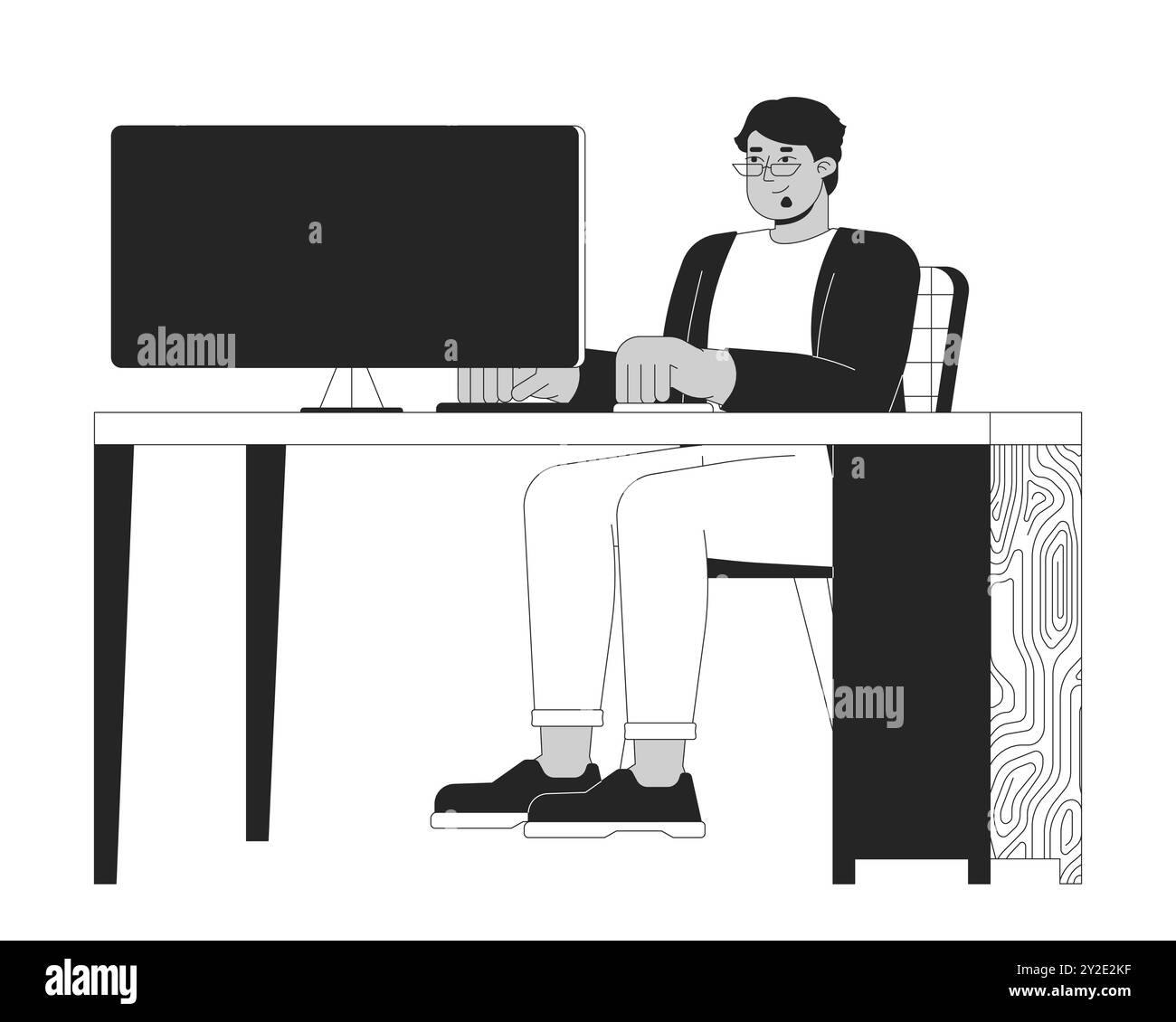 Plus sized arab man at computer black and white 2D line cartoon ...