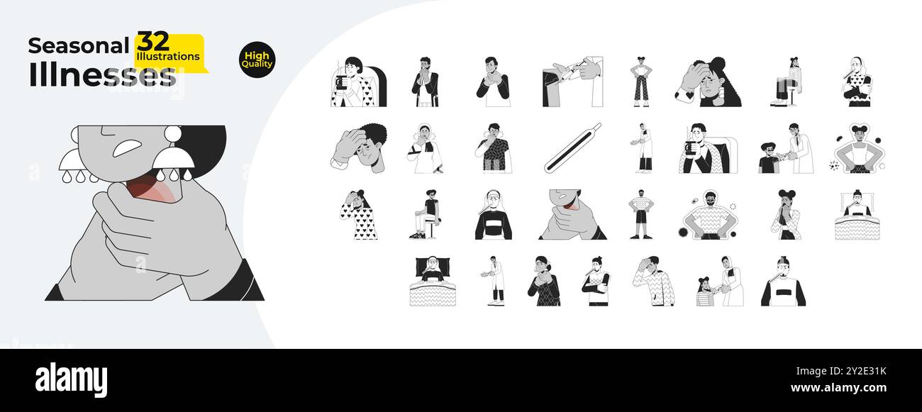 Seasonal influenza treatment black and white cartoon flat illustration ...