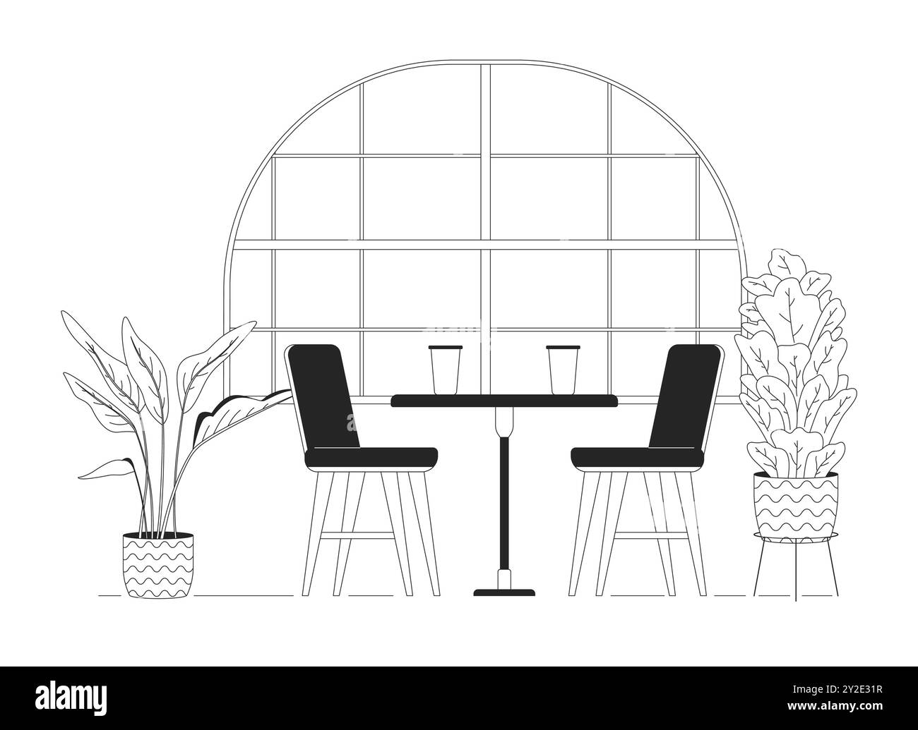 Cozy restaurant interior line black and white line illustration Stock ...