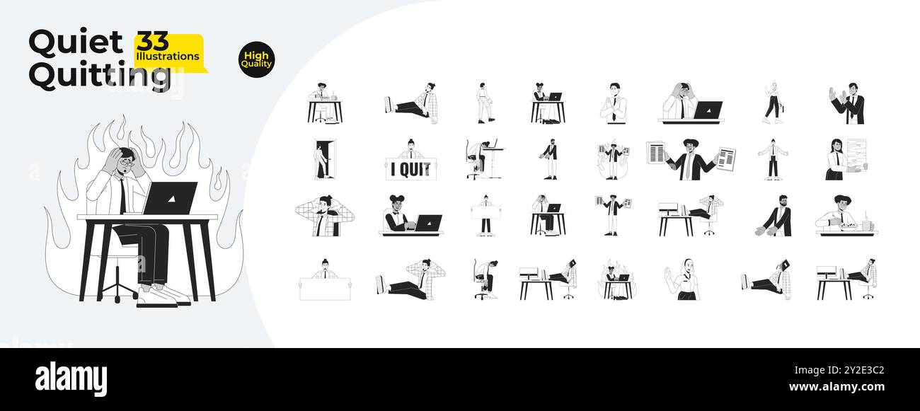 Quiet quitting trend at workplace black and white cartoon flat ...