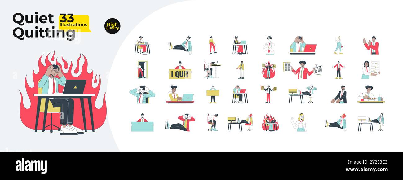Quiet quitting trend at workplace line cartoon flat illustration bundle ...