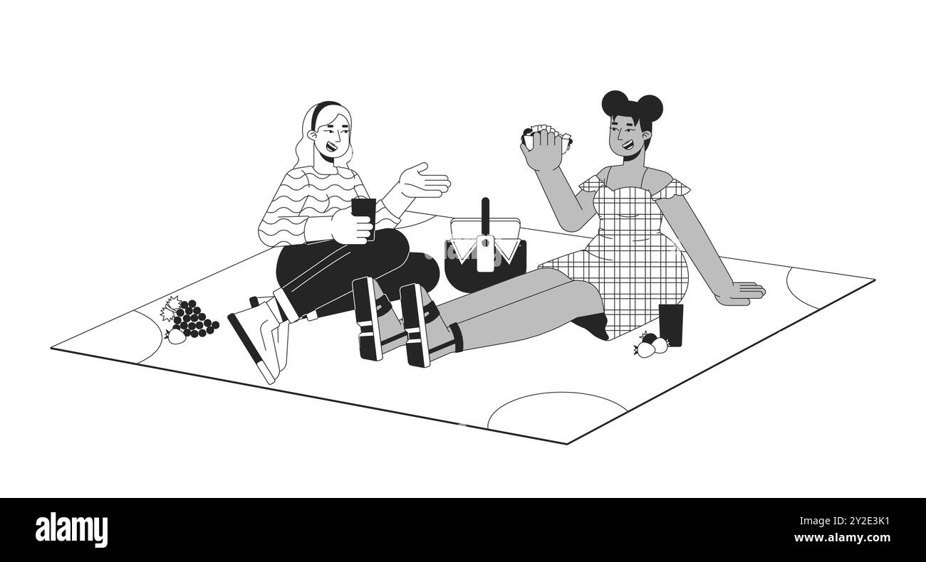 Plus sized diverse women having picnic black and white 2D line cartoon ...