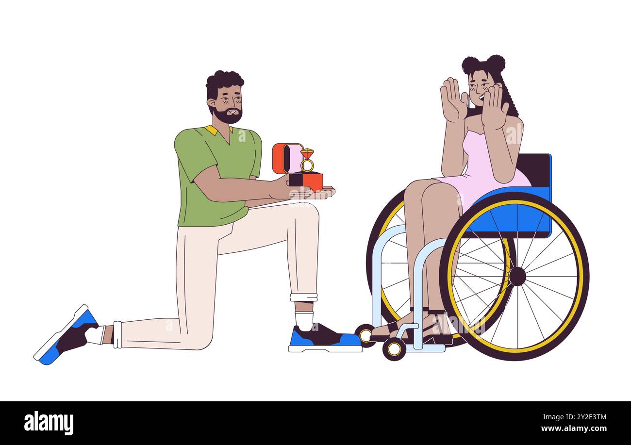 Black man proposing to hispanic woman with disability 2D linear cartoon ...