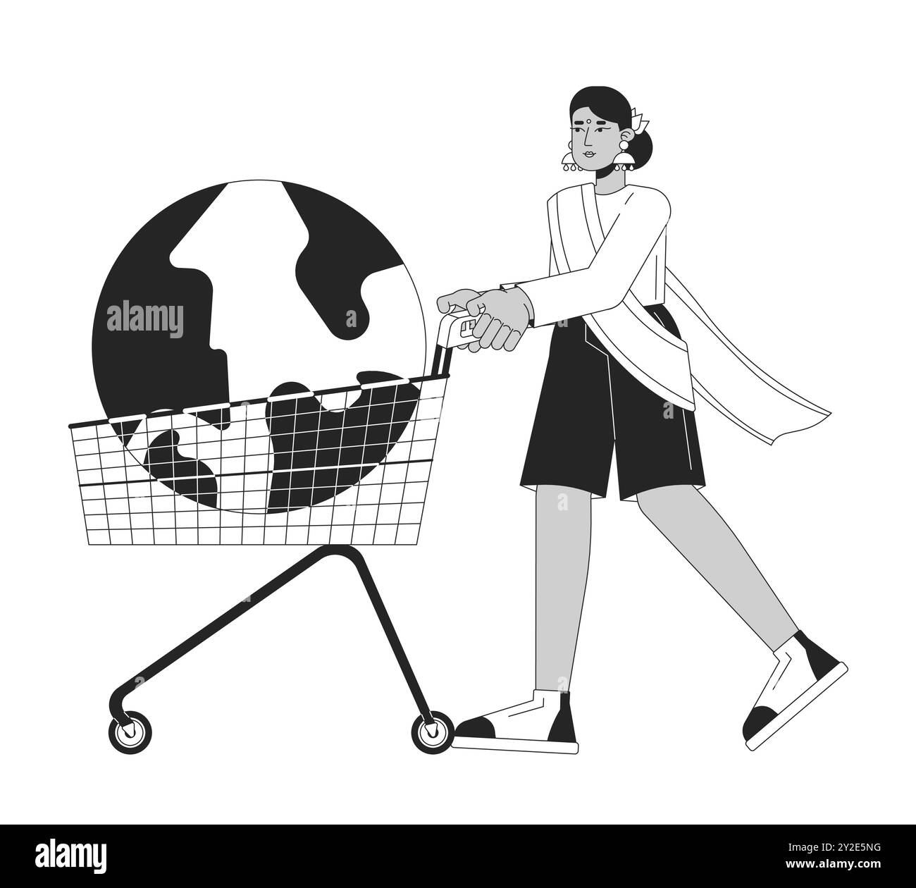 Indian woman pushing cart with earth globe black and white 2D ...