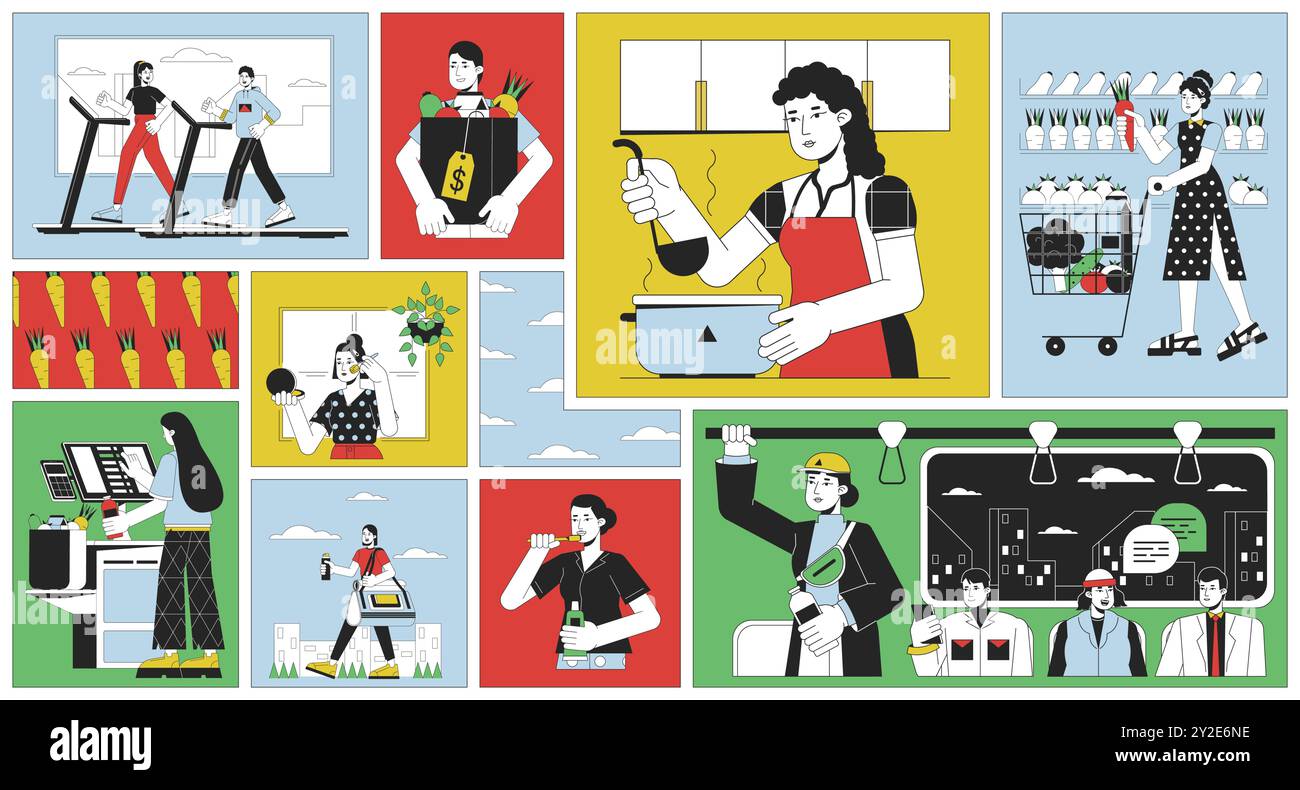People doing everyday activities bento grid illustration set Stock ...