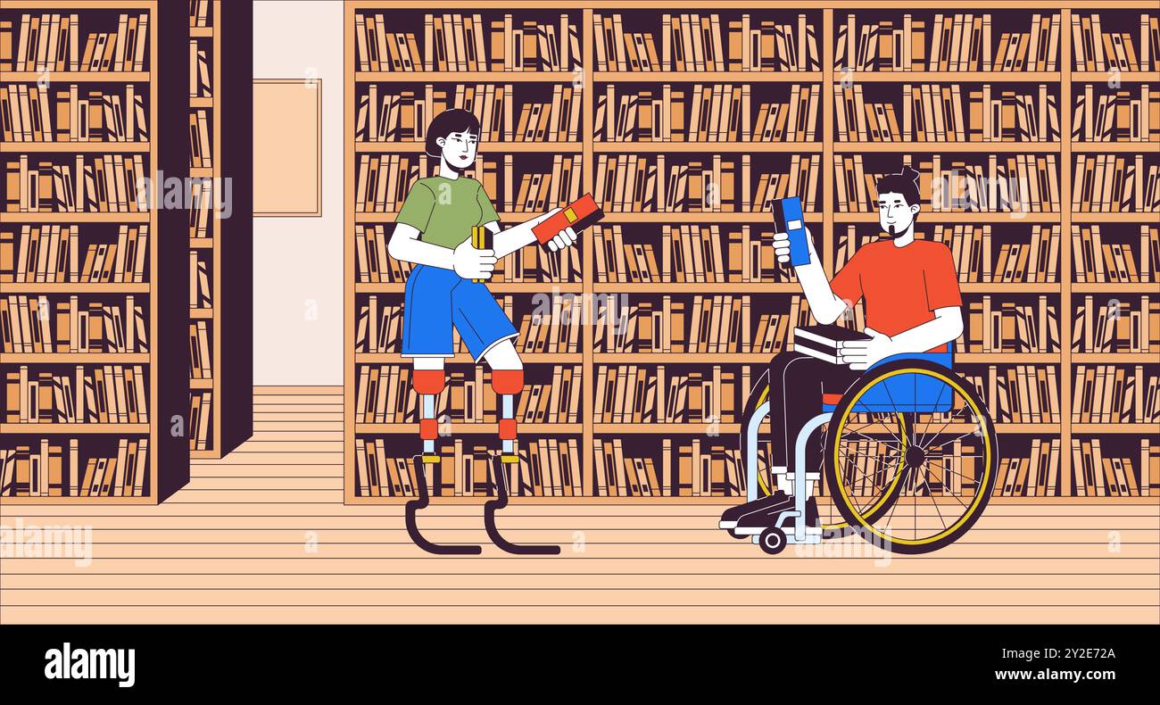 Disabled friends going to library cartoon flat illustration Stock ...