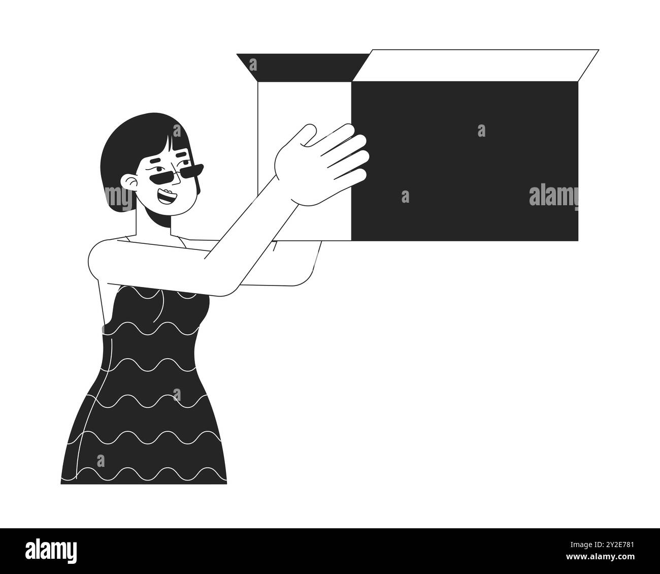 Smiling asian woman rising box black and white 2D line cartoon character Stock Vector Image ...