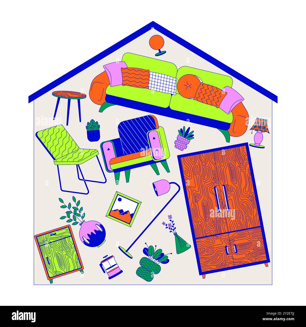 House overloaded with belongings 2D linear illustration concept Stock ...