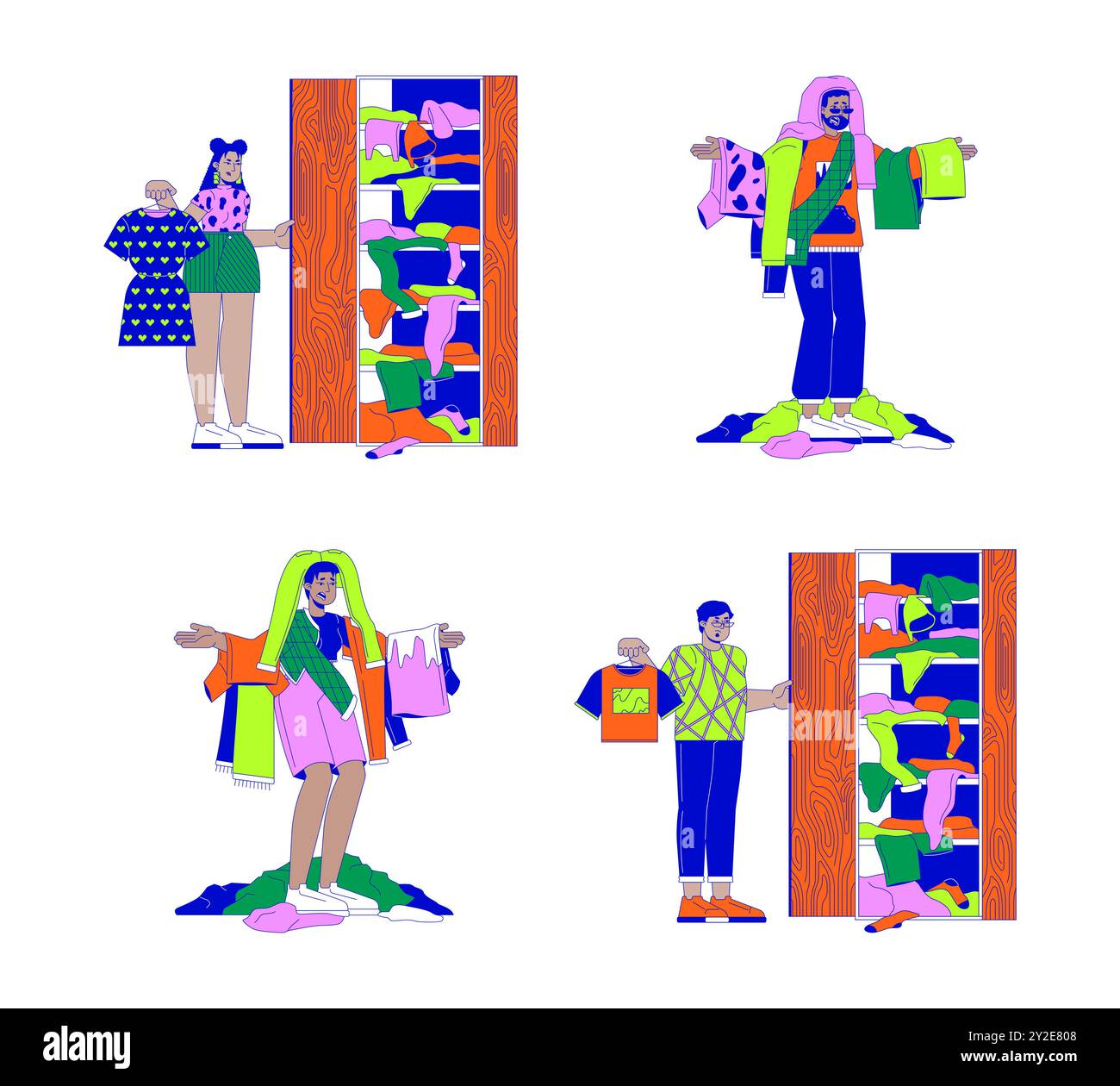 Diverse people with clothing excess line cartoon flat illustration set ...