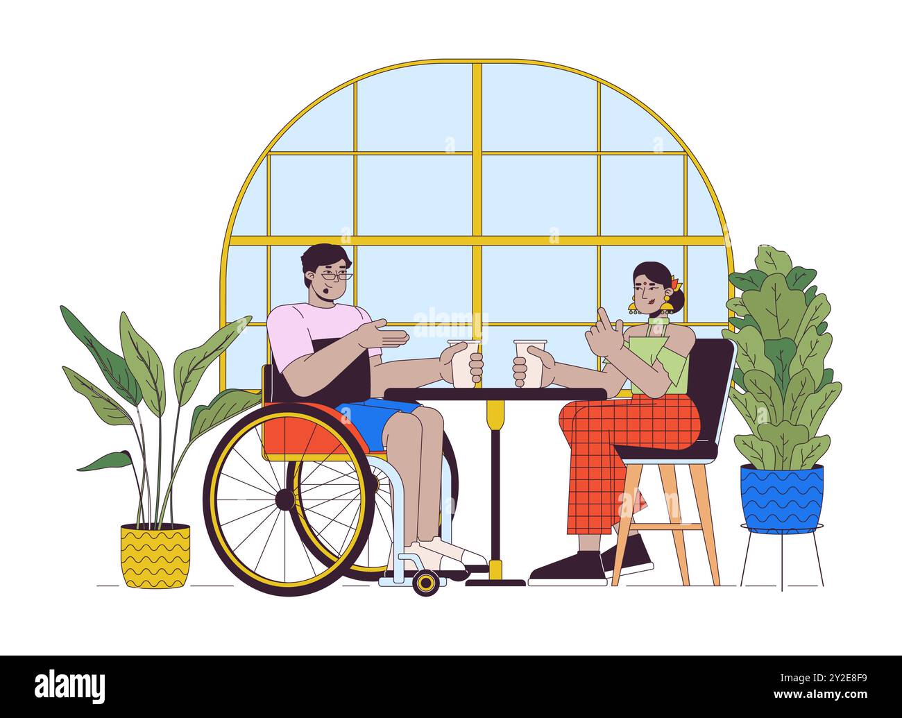 Visit cafe with disabled friend line cartoon flat illustration Stock ...