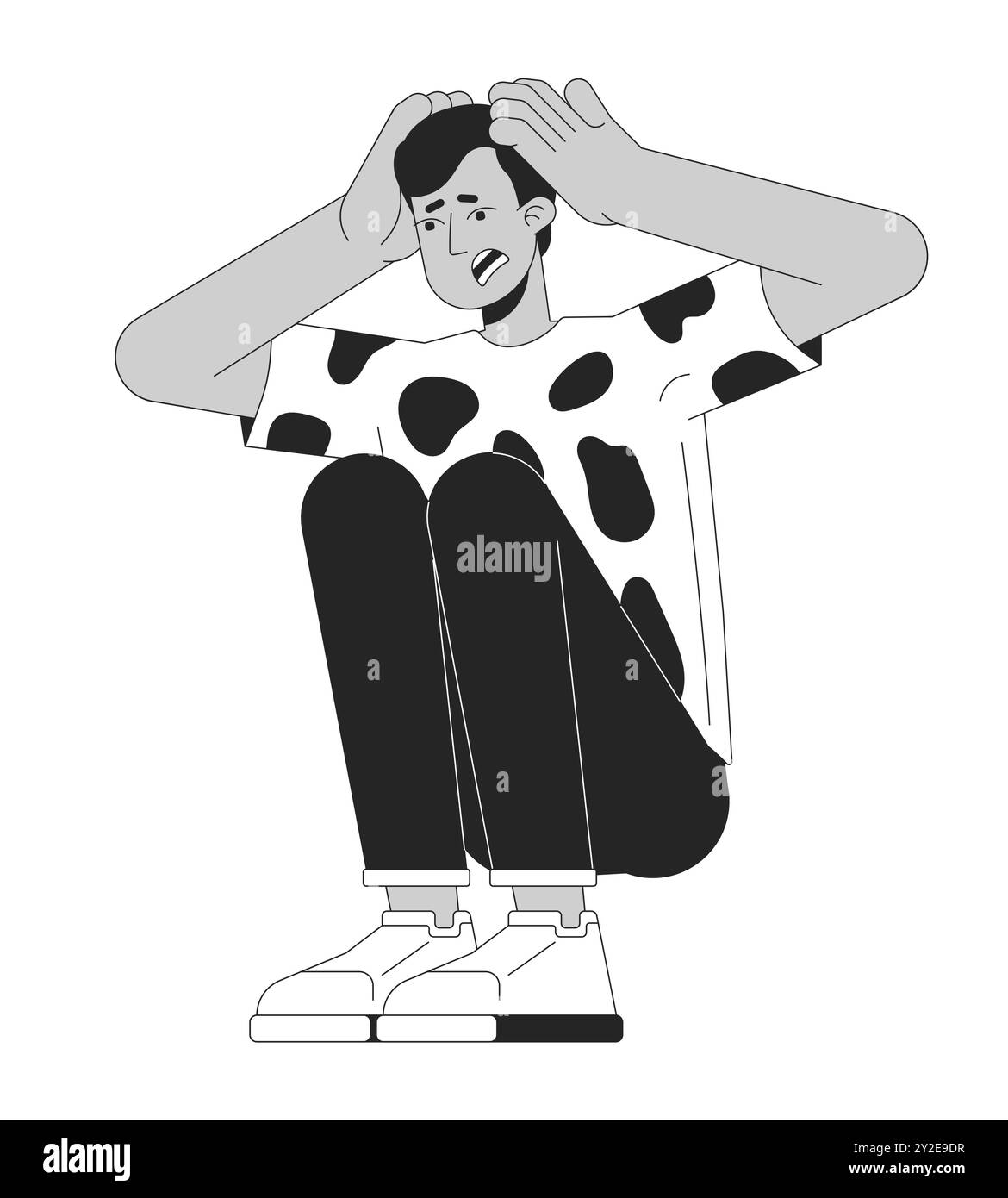 Scared indian man squeezing head black and white 2D line cartoon character Stock Vector Image ...