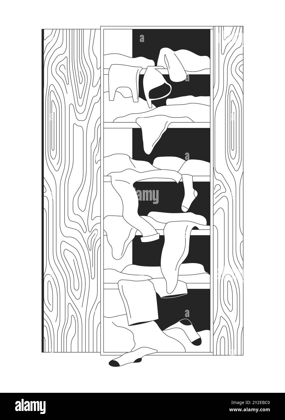 Wardrobe full of messy clothes black and white 2D line cartoon object ...
