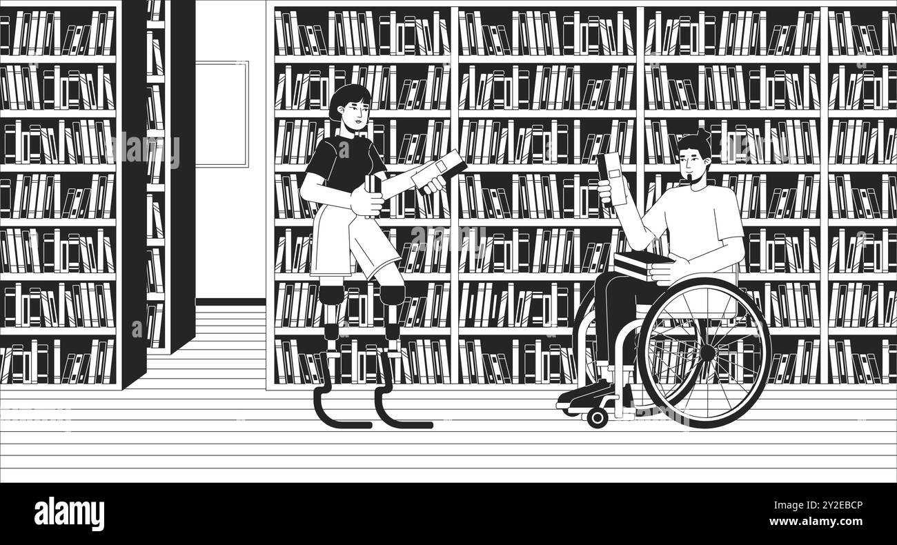 Disabled friends going to library black and white line illustration ...