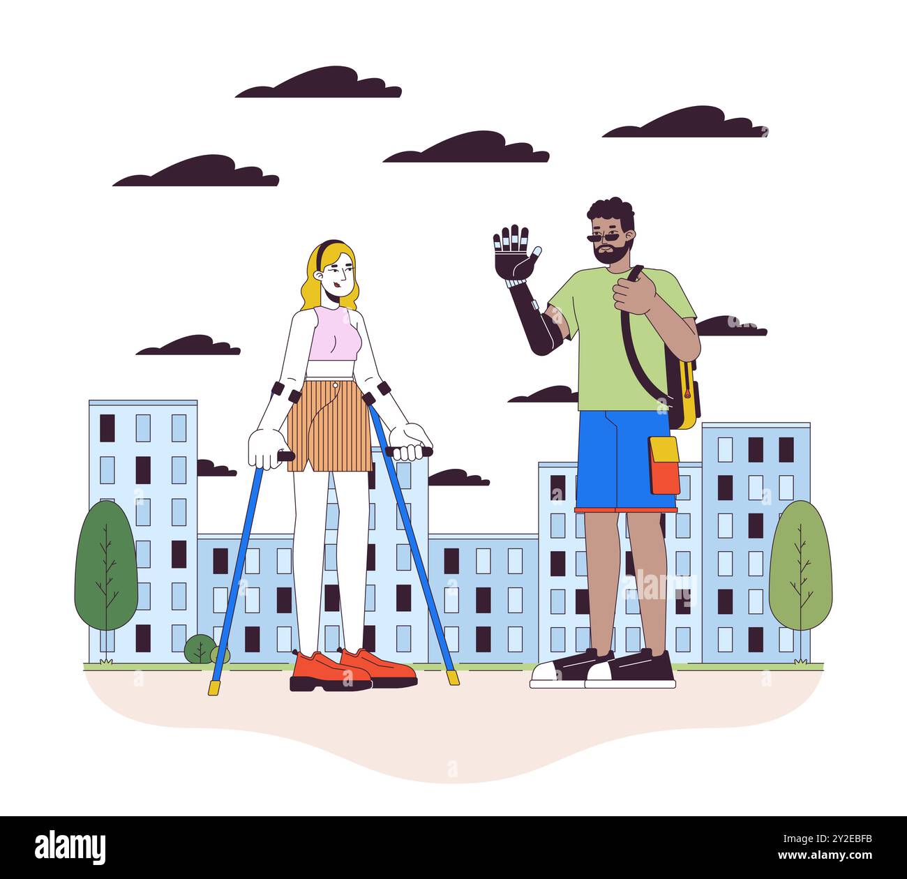Disabled friends line cartoon flat illustration Stock Vector Image ...